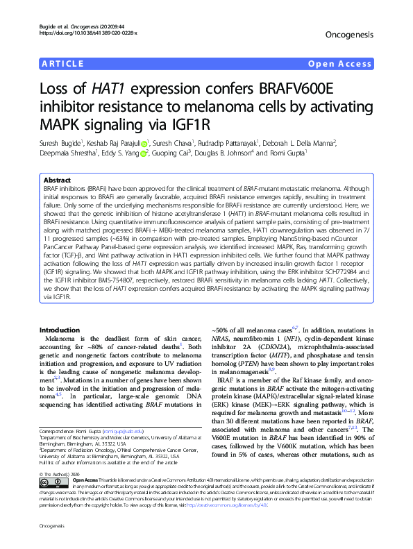 (PDF) Loss of HAT1 expression confers BRAFV600E inhibitor resistance to ...