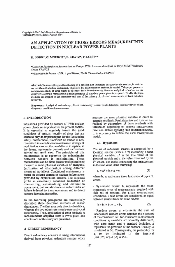 Pdf An Application Of Gross Errors Measurements Detection In Nuclear Power Plants