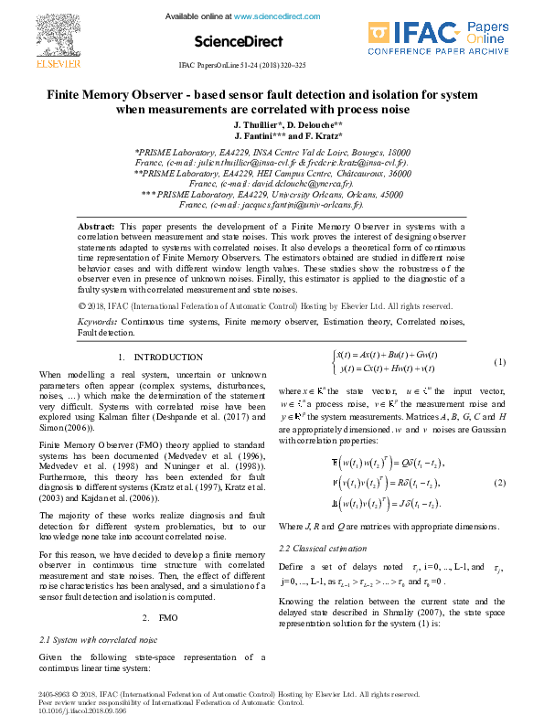 Pdf Finite Memory Observer Based Sensor Fault Detection And