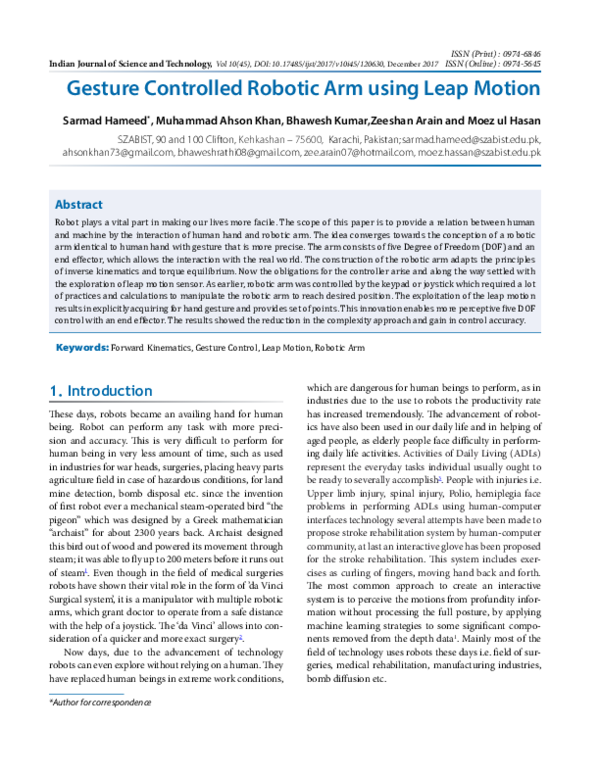 (PDF) Gesture Controlled Robotic Arm Using Leap Motion