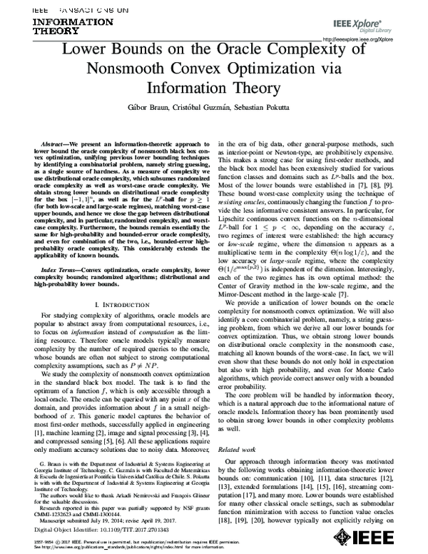 Pdf Lower Bounds On The Oracle Complexity Of Nonsmooth Convex Optimization Via Information 3603