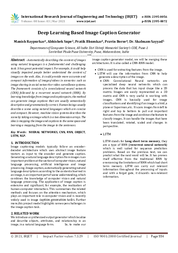 (PDF) Deep Learning Based Image Caption Generator