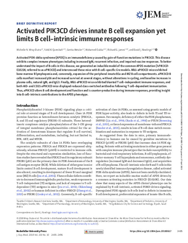 (PDF) Activated PIK3CD drives innate B cell expansion yet limits B cell ...