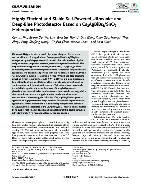 (PDF) Highly Efficient and Stable Self-Powered Ultraviolet and Deep-Blue Photodetector Based on ...