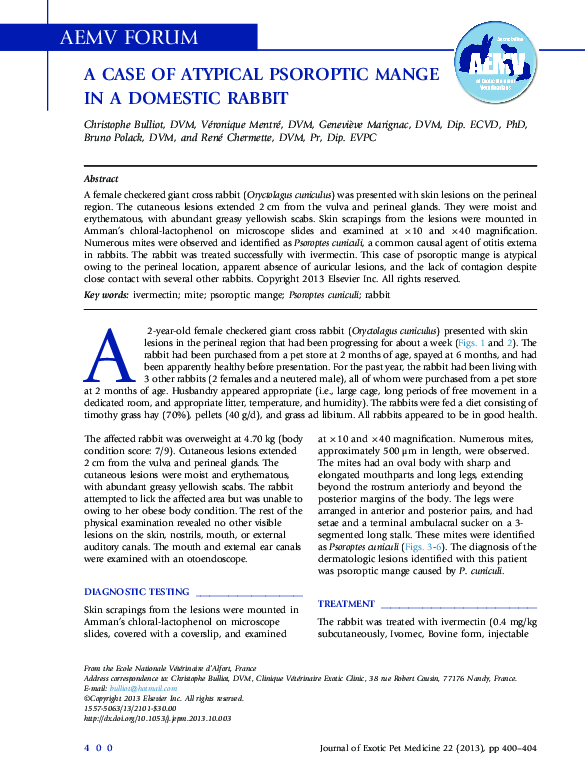 (PDF) A Case of Atypical Psoroptic Mange in a Domestic Rabbit