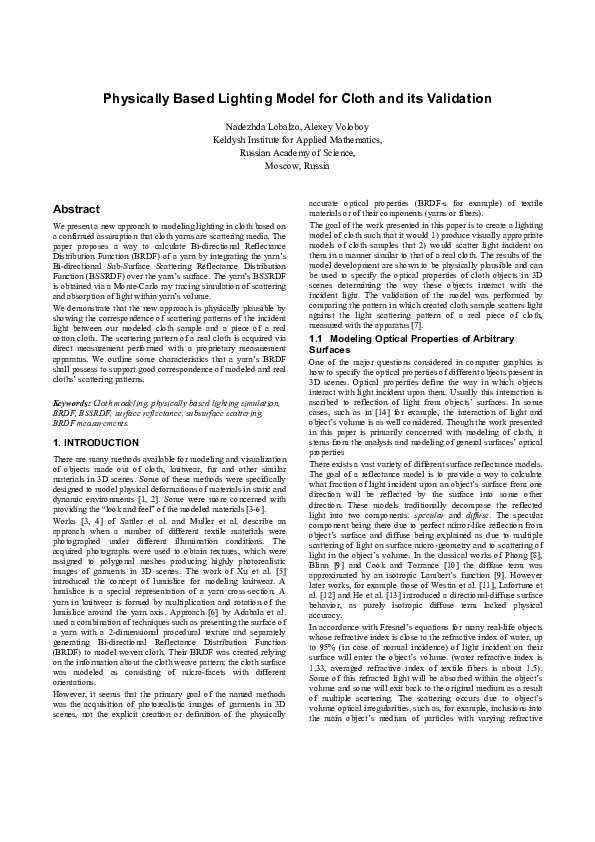 (PDF) Physically based lighting model for cloth and its validation