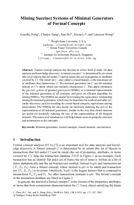 (PDF) Mining Succinct Systems of Minimal Generators of Formal Concepts | Jinyan Li - Academia.edu