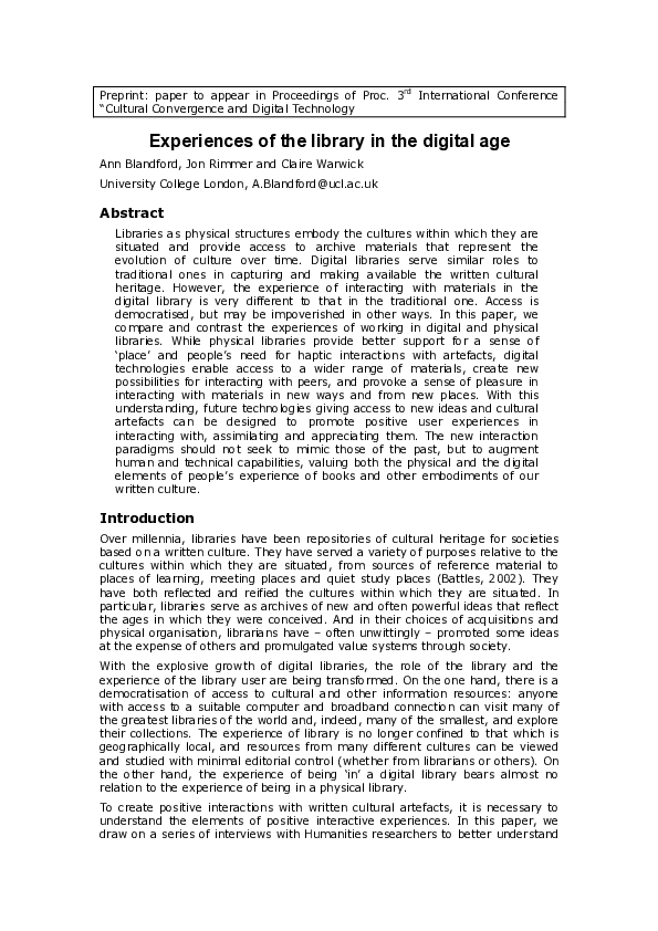 (PDF) Experiences of the Library in the Digital Age