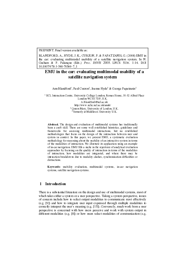 (PDF) EMU in the Car: Evaluating Multimodal Usability of a Satellite Navigation System
