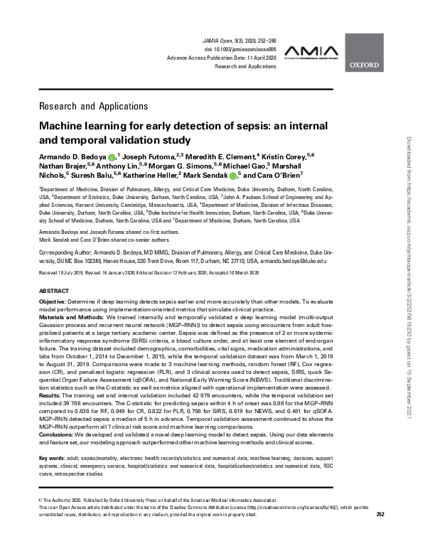 Pdf Machine Learning For Early Detection Of Sepsis An Internal And