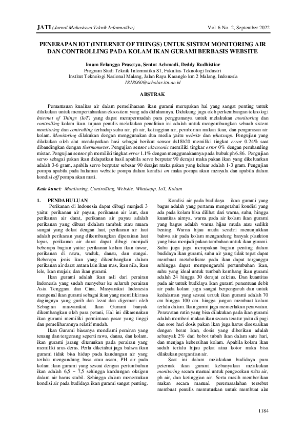 Pdf Penerapan Iot Internet Of Things Untuk Sistem Monitoring Air Dan Controlling Pada Kolam 