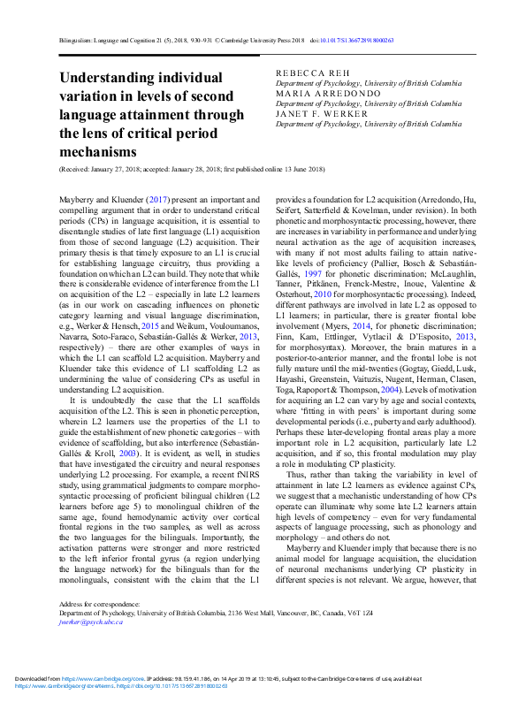 (PDF) Understanding individual variation in levels of second language ...