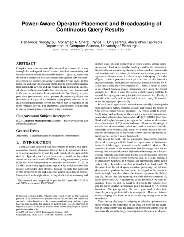 (PDF) Power-aware operator placement and broadcasting of continuous query results