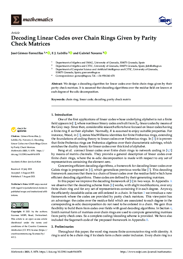 Pdf Decoding Linear Codes Over Chain Rings Given By Parity Check Matrices