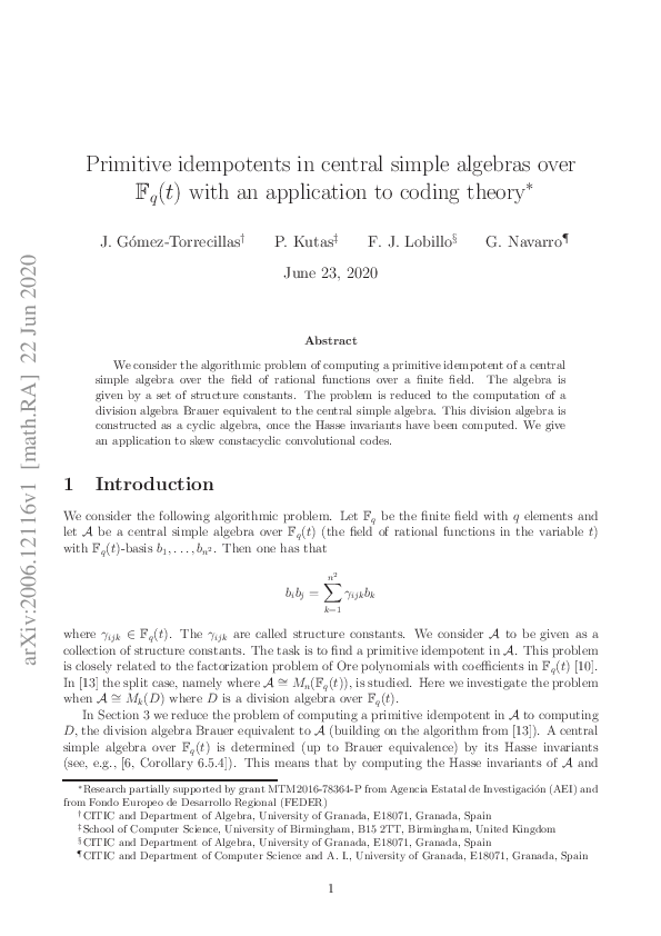 (PDF) Primitive idempotents in central simple algebras over Fq(t) with ...