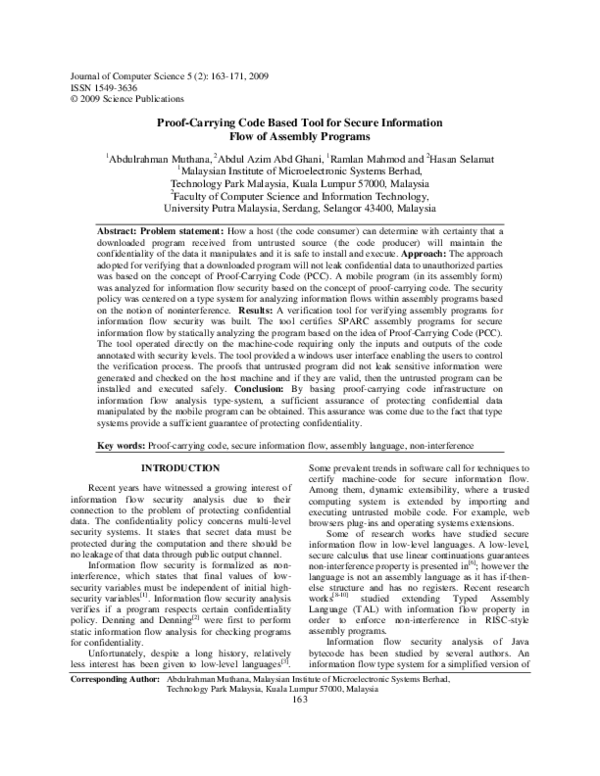 (PDF) Proof-Carrying Code Based Tool for Secure Information Flow of Assembly Programs | Abdul ...