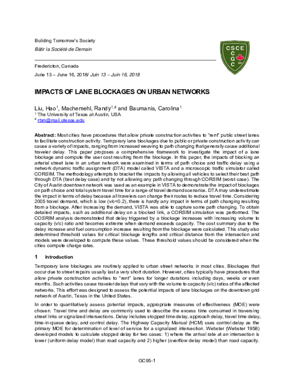 (PDF) Impacts of Lane Blockages on Urban Networks