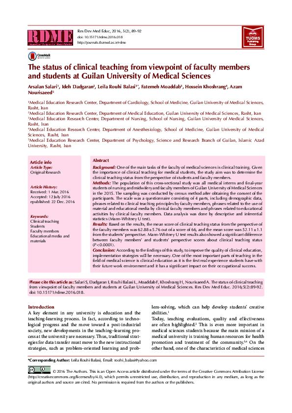 (PDF) The Status of Clinical Teaching from Viewpoint of Faculty Members and Students in Guilan ...