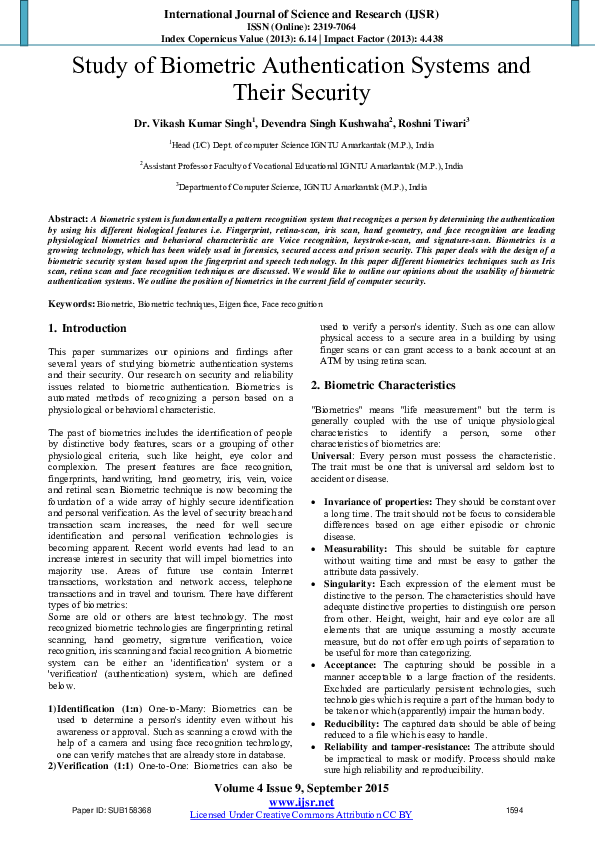 (PDF) Study of Biometric Authentication Systems and Their Security