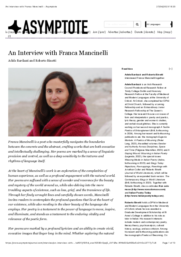 (PDF) 'An Interview with Franca Mancinelli’, trans. by John Taylor ...