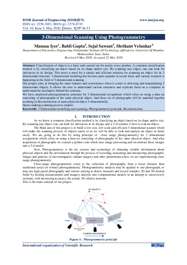 (PDF) 3-Dimensional Scanning Using Photogrammetry | Sejal Sawant - Academia.edu