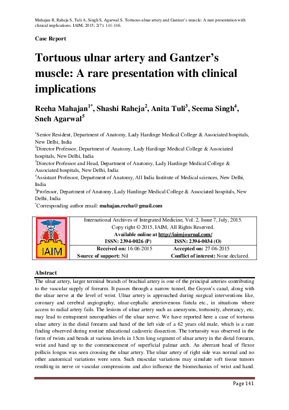 (PDF) Tortuous ulnar artery and Gantzer's muscle: A rare presentation ...