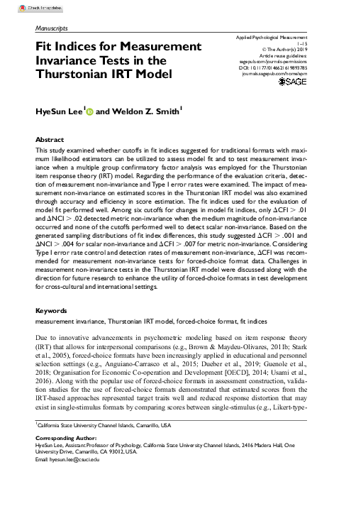 Pdf Fit Indices For Measurement Invariance Tests In The Thurstonian Irt Model Hyesun Lee