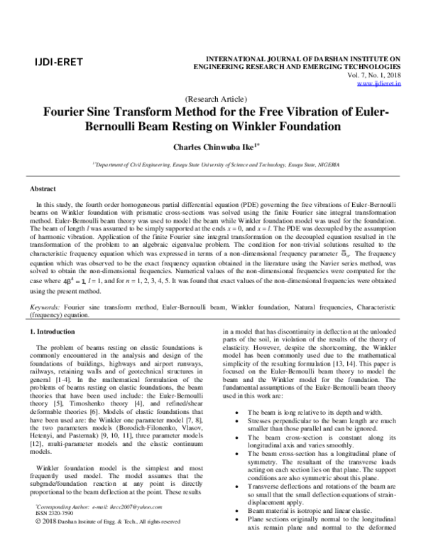 (PDF) Fourier Sine Transform Method for the Free Vibration of Euler-Bernoulli Beam Resting on ...