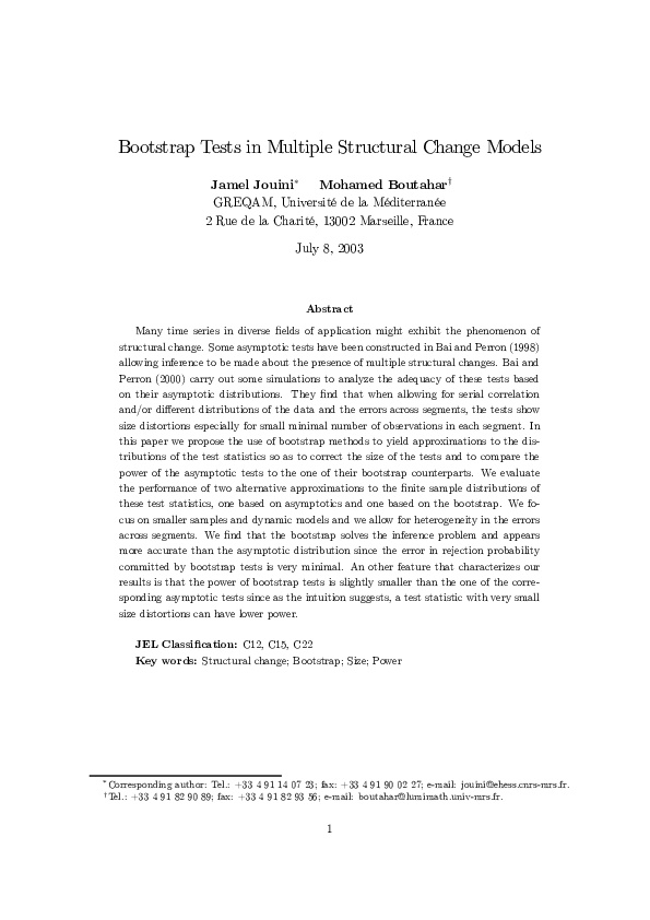 (PDF) Bootstrap Tests in Multiple Structural Change Models (PDF) Bootstrap Tests in Multiple Structural Change Models