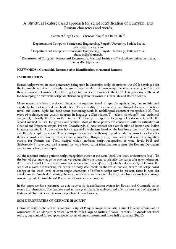 (PDF) A Structural Feature based approach for script identification of Gurmukhi and Roman ...