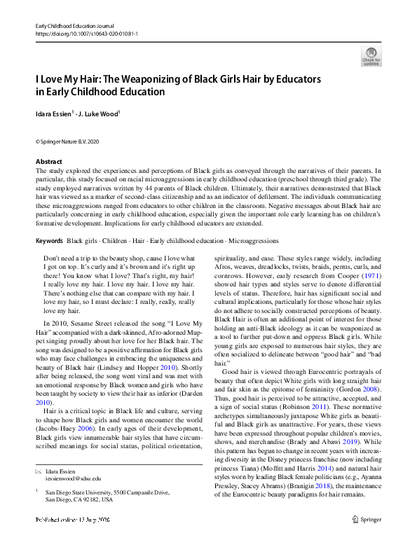 (PDF) I Love My Hair: The Weaponizing of Black Girls Hair by Educators ...