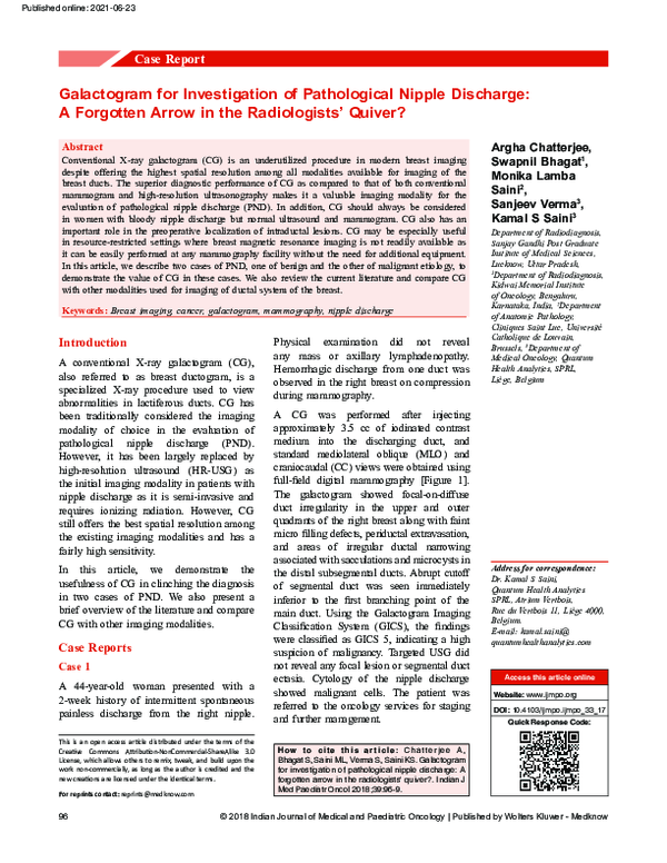 (PDF) Galactogram for Investigation of Pathological Nipple Discharge: A ...