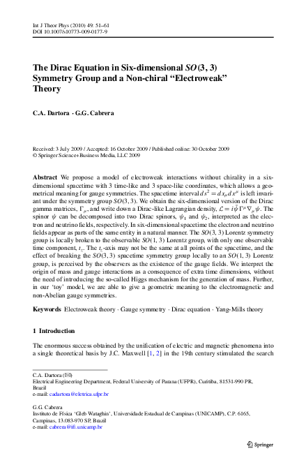Pdf The Dirac Equation In Six Dimensional So 3 3 Symmetry Group And A Non Chiral