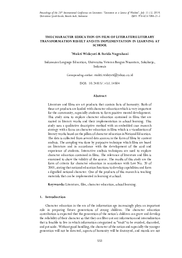 (PDF) The Character Education on Film of Literature Literary ...