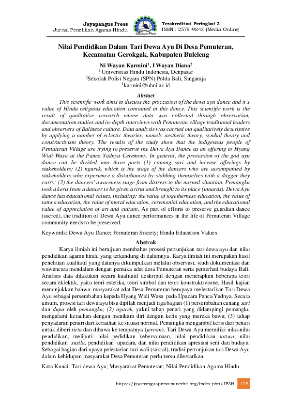 (PDF) Nilai Pendidikan Dalam Tari Dewa Ayu Di Desa Pemuteran, Kecamatan Gerokgak, Kabupaten Buleleng