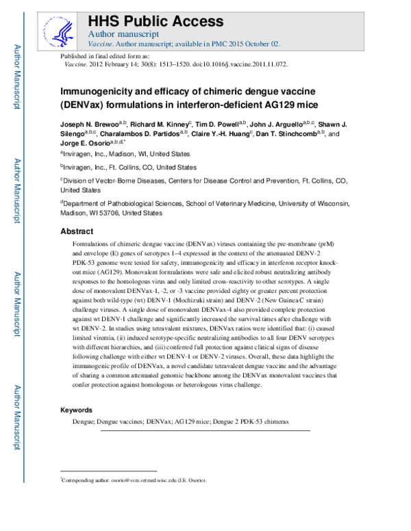 (PDF) Immunogenicity and efficacy of chimeric dengue vaccine (DENVax ...