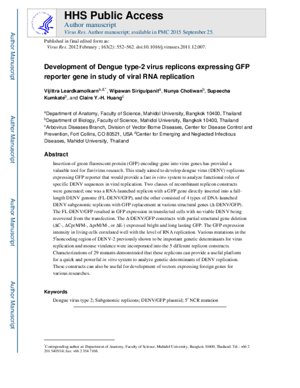 (PDF) Development of Dengue type-2 virus replicons expressing GFP ...