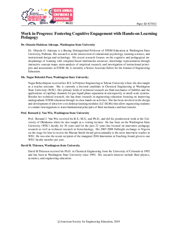 (PDF) Work in Progress: Fostering Cognitive Engagement with Hands-on Learning Pedagogy