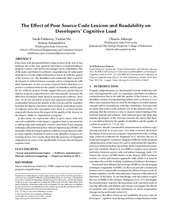 Pdf The Effect Of Poor Source Code Lexicon And Readability On Developers Cognitive Load