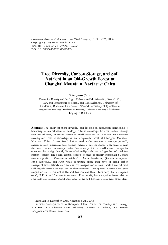 (PDF) Tree Diversity, Carbon Storage, and Soil Nutrient in an Old‐Growth Forest at Changbai ...