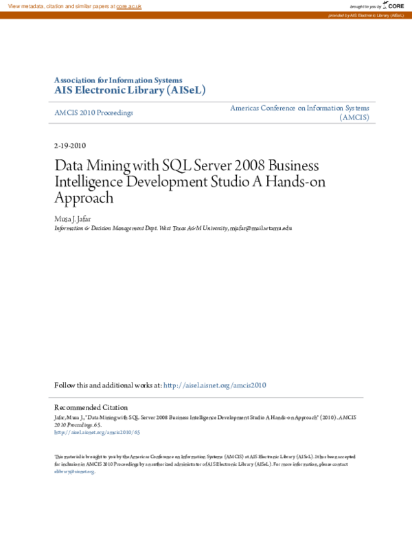 (PDF) Data Mining with SQL Server 2008 Business Intelligence ...