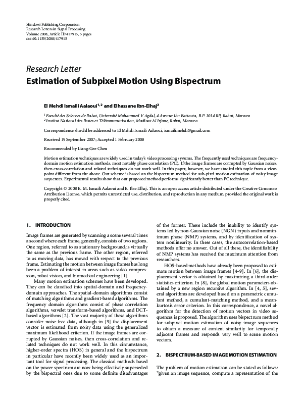 Pdf Estimation Of Subpixel Motion Using Bispectrum