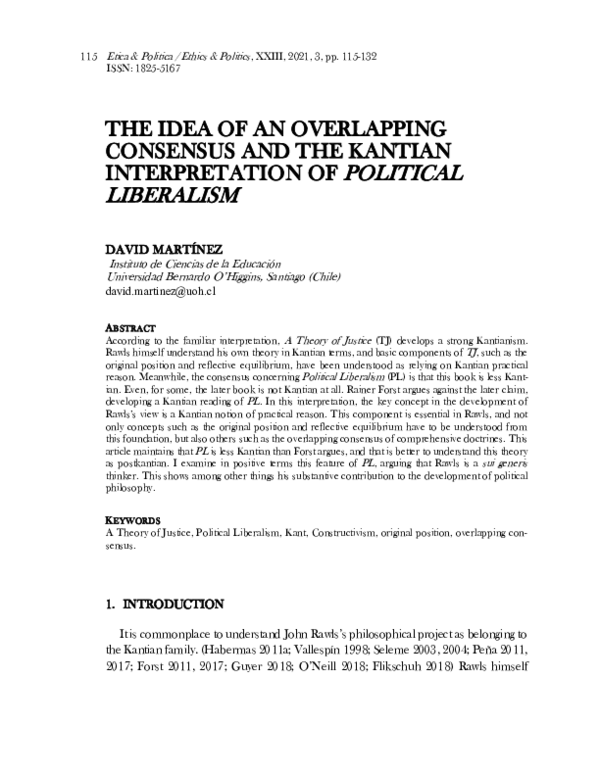 (PDF) The Idea of an Overlapping Consensus and the Kantian ...