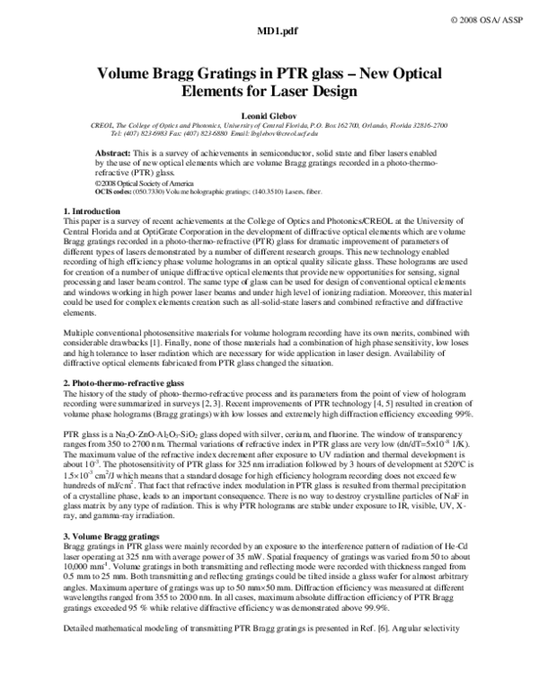 Pdf Volume Bragg Gratings In Ptr Glass New Optical Elements For Laser Design