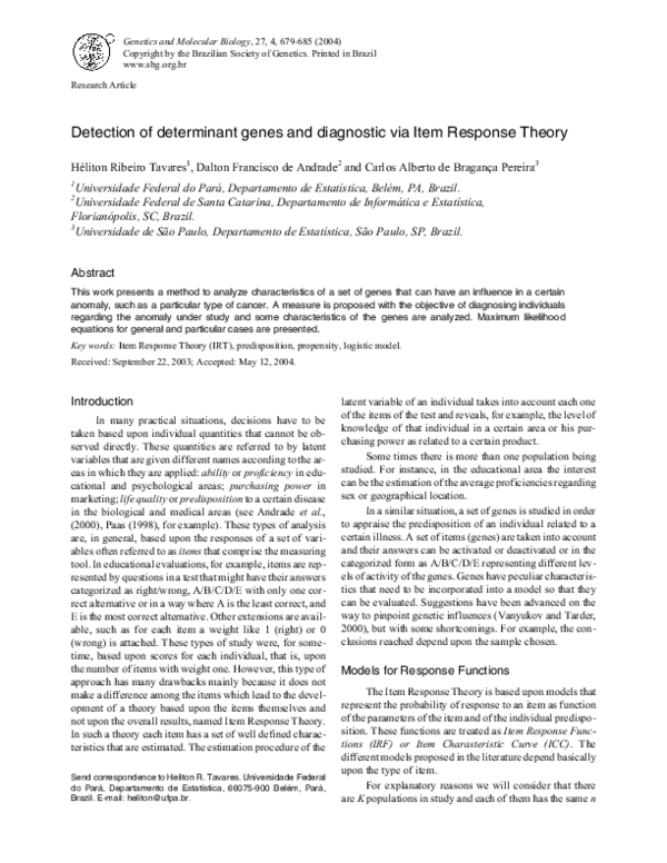 (PDF) Detection of determinant genes and diagnostic via Item Response Theory