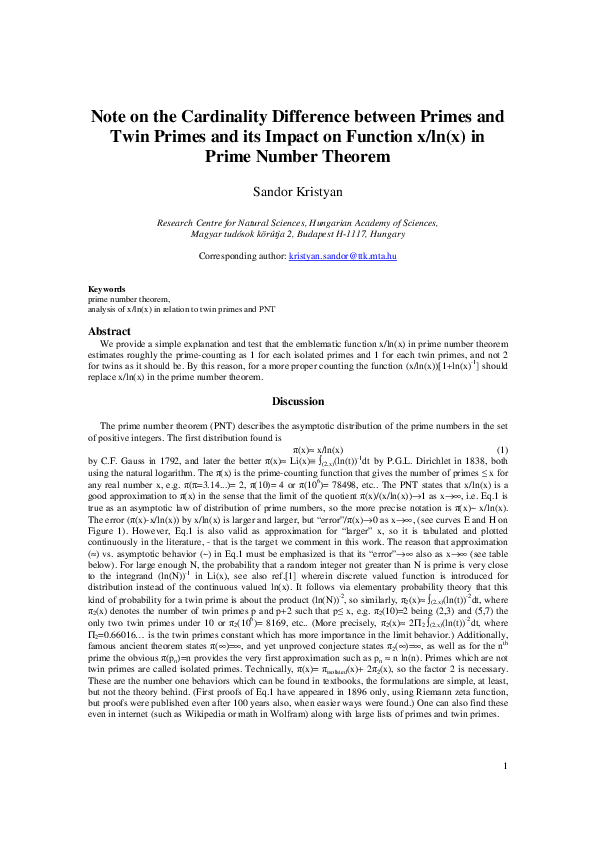 (PDF) Note on the cardinality difference between primes and twin primes ...