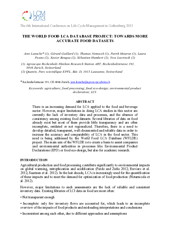 (PDF) The World Food Lca Database Project: Towards More Accurate Food ...