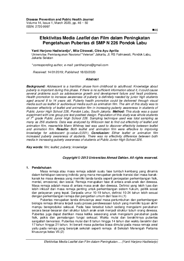 (PDF) Efektivitas Media Leaflet dan Film dalam Peningkatan Pengetahuan Pubertas di SMP N 226 ...