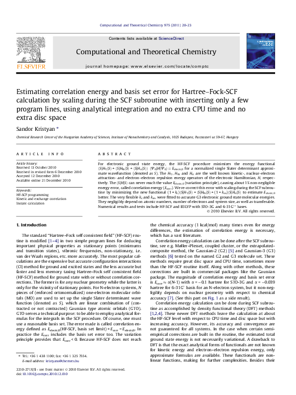(PDF) Estimating correlation energy and basis set error for Hartree–Fock-SCF calculation by ...