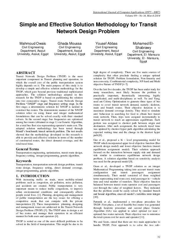 (PDF) Simple and Effective Solution Methodology for Transit Network Design Problem